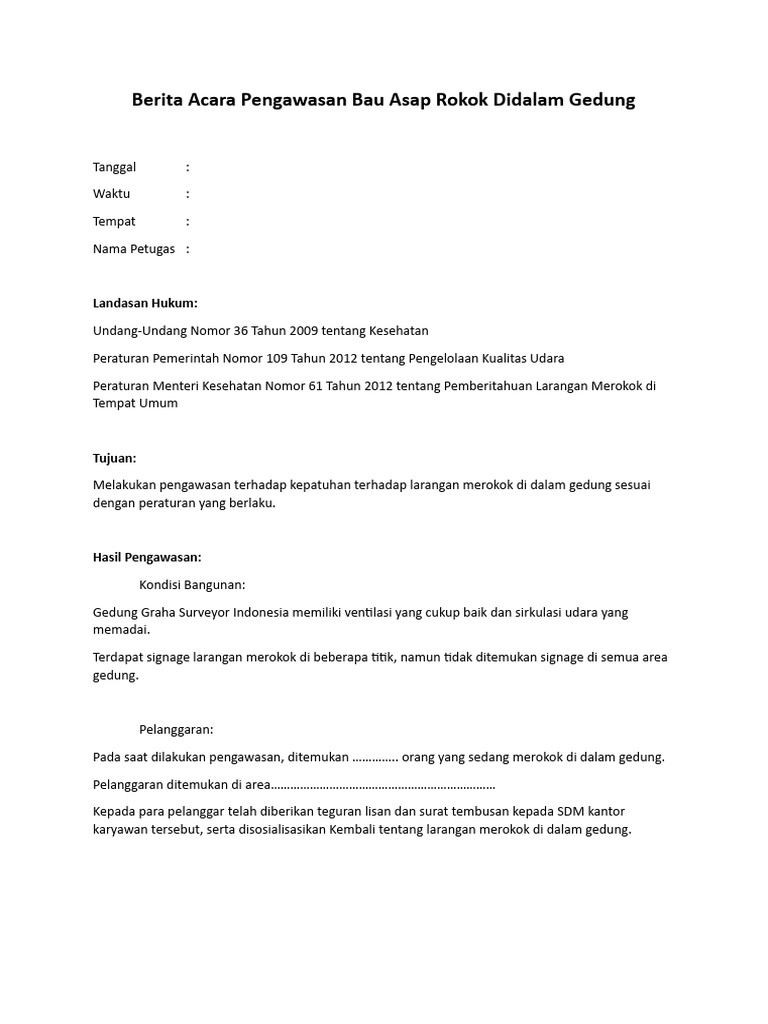 Berita Acara Pengawasan Bau Asap Rokok Di Dalam Gedung | PDF | Hukum | Seni