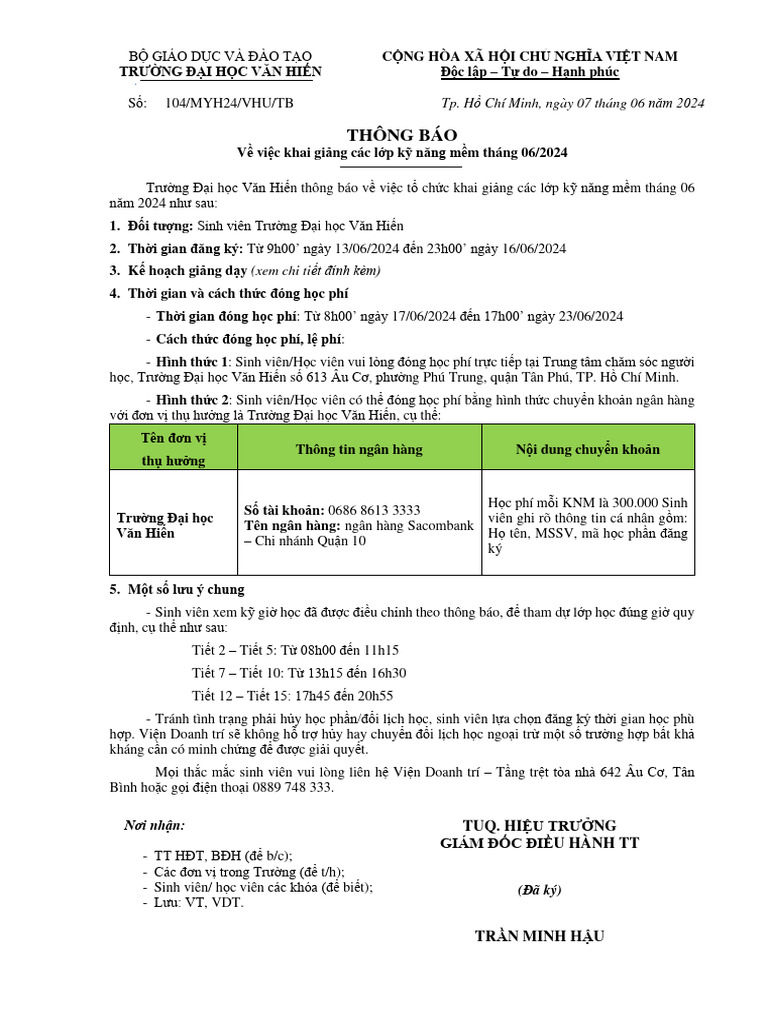 Hhe - VDT - Thong Bao & Ke Hoach Giang Day Cac Lop KNM T06.2024 - Hkiii NH 2023 - 2024 | PDF