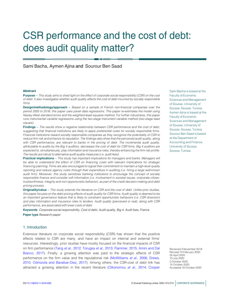 Bacha, S., Ajina, A., & Ben Saad, S. (2020) - CSR Performance and The Cost of Debt - Does Audit ...