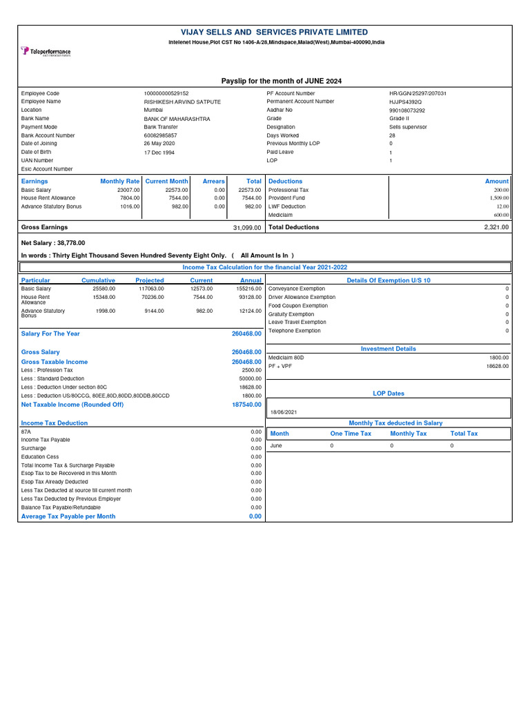 Payslip 2021 2022 6 100000000529152 IGSL | PDF | Taxes | Salary