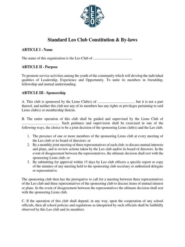 Standard Leo Club Constitution | PDF | Board Of Directors | By Law