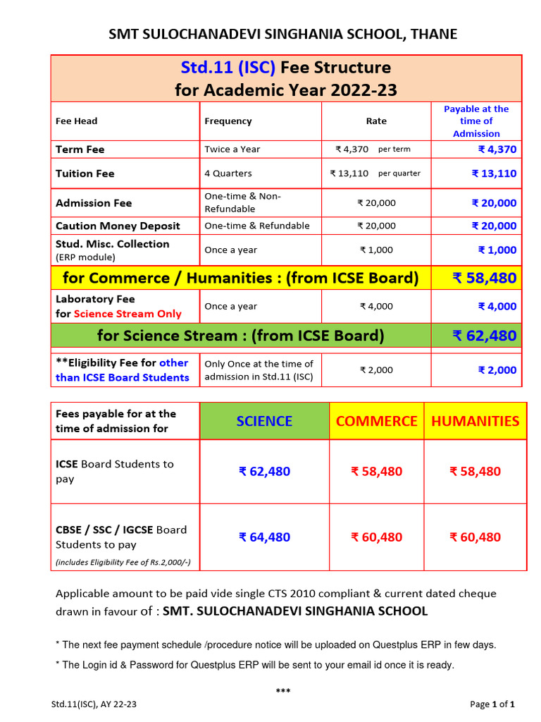 Std.11 (ISC) Fee Structure 2022 23 | PDF | Services (Economics) | Money