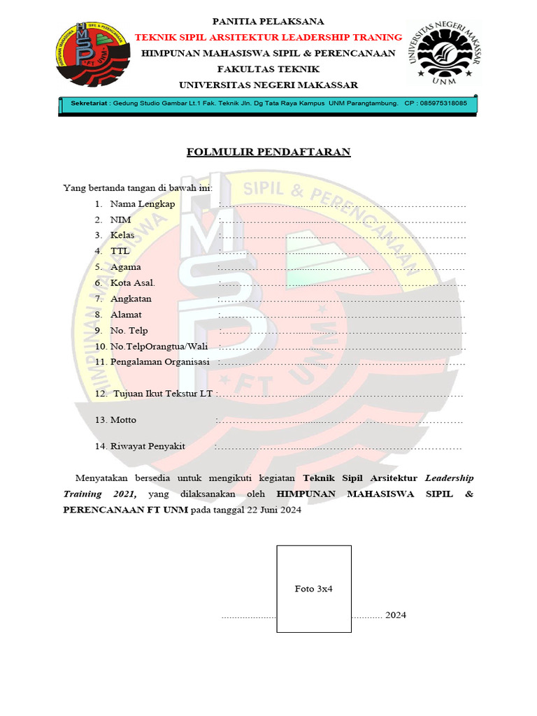 Formulir Pendaftaran LT Teknik Sipil UNM | PDF