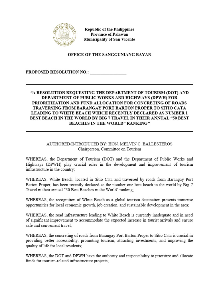 Proposed Resolution - Req Concreting of PB To White Beach Road | PDF ...