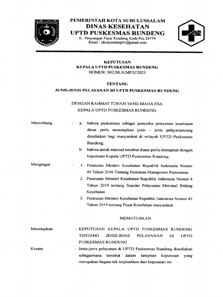 1.1.1.B SK Tentang Penetapan Jenis Pelayanan (Revisi) | PDF
