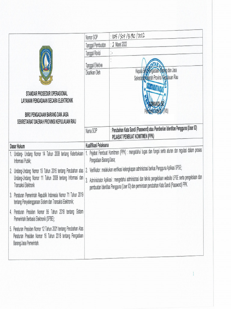 32 Sop 05 Perubahn Kata Sandi (Password) Dan Pemberian Identitas PPK | PDF