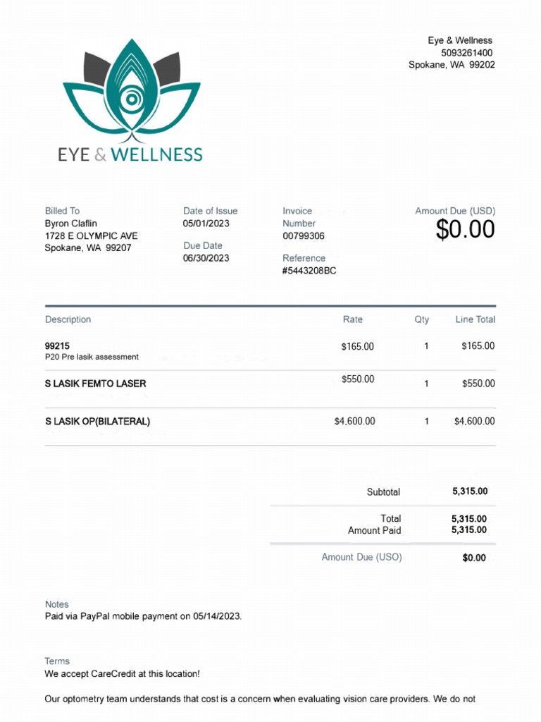 Eye Doctor Invoice Paid | PDF