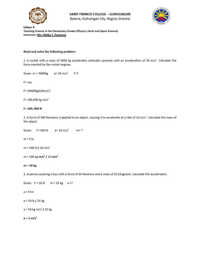 Science Problems: Physics Calculations | PDF | Force | Mass