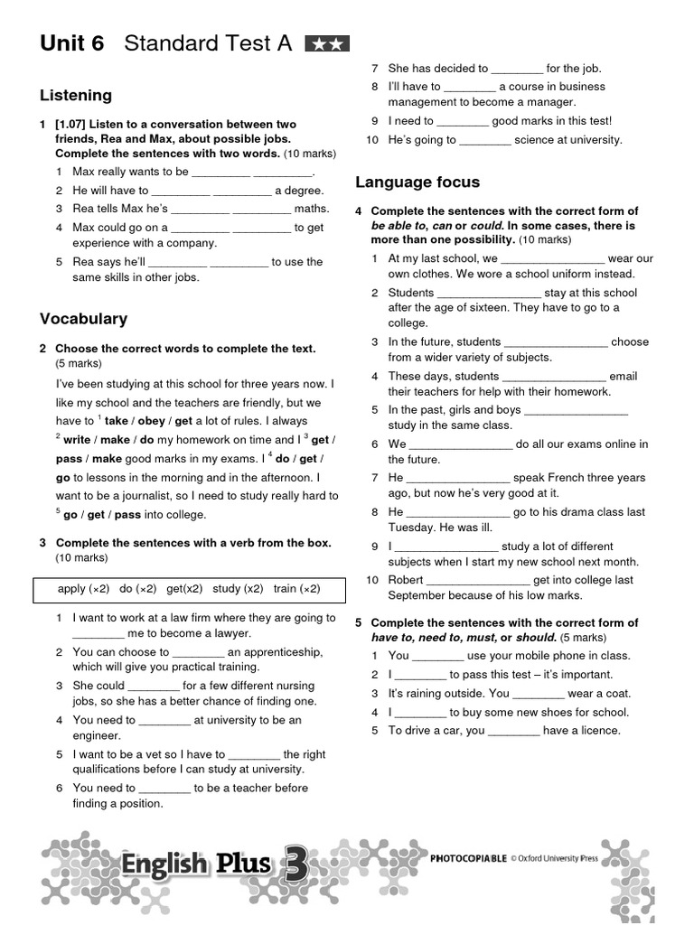 Unit 6 Standard Test A | PDF | Vocabulary | Teachers