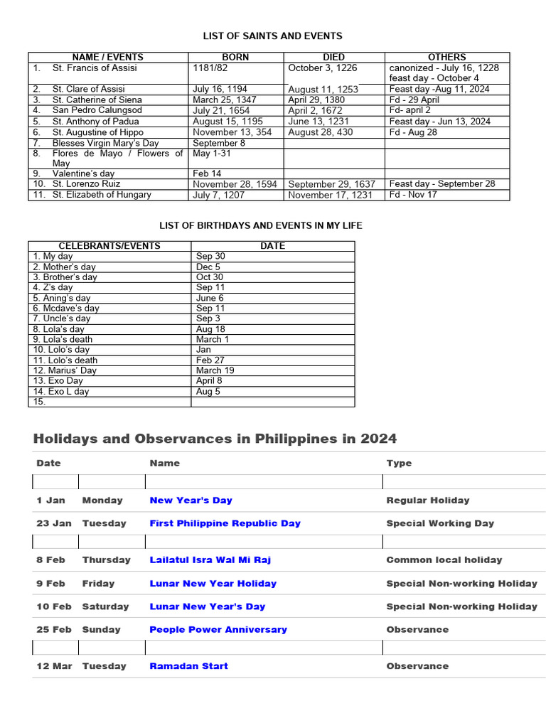 Calendar of Events | PDF | Holidays | Observances