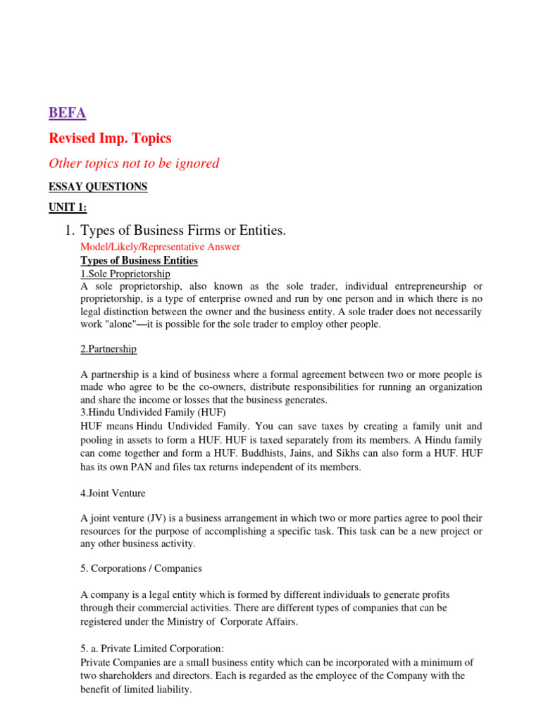 Revised Imp BEFA Unit Wise Questions & Answers | PDF | Cost Of Living ...