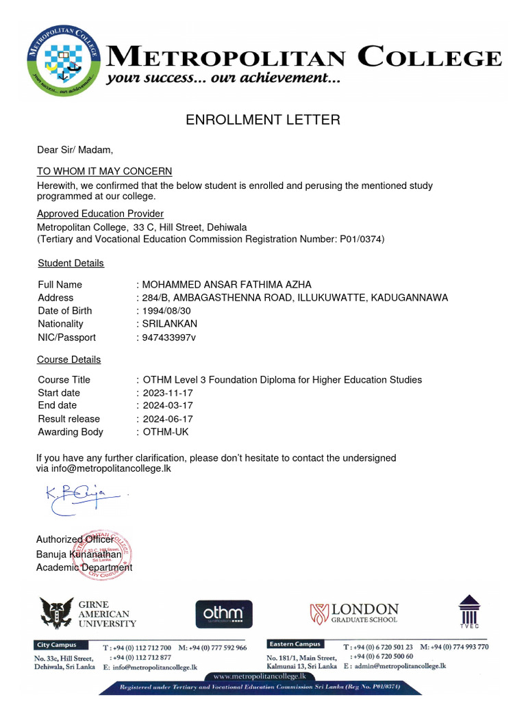 Enrollment Letter | PDF