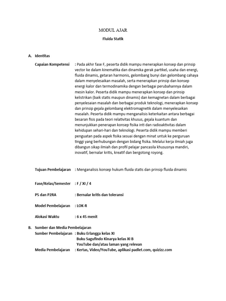 Modul Ajar Fluida Statis | PDF