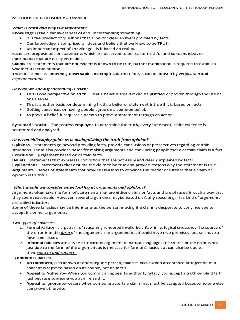 METHODS OF PHILOSOPHY - Lesson 4 | PDF | Fallacy | Argument
