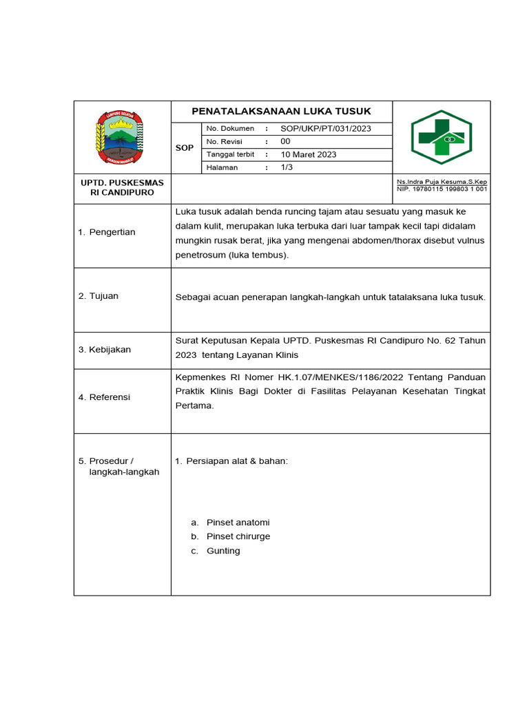 Prosedur Penatalaksanaan Luka Tusuk | PDF