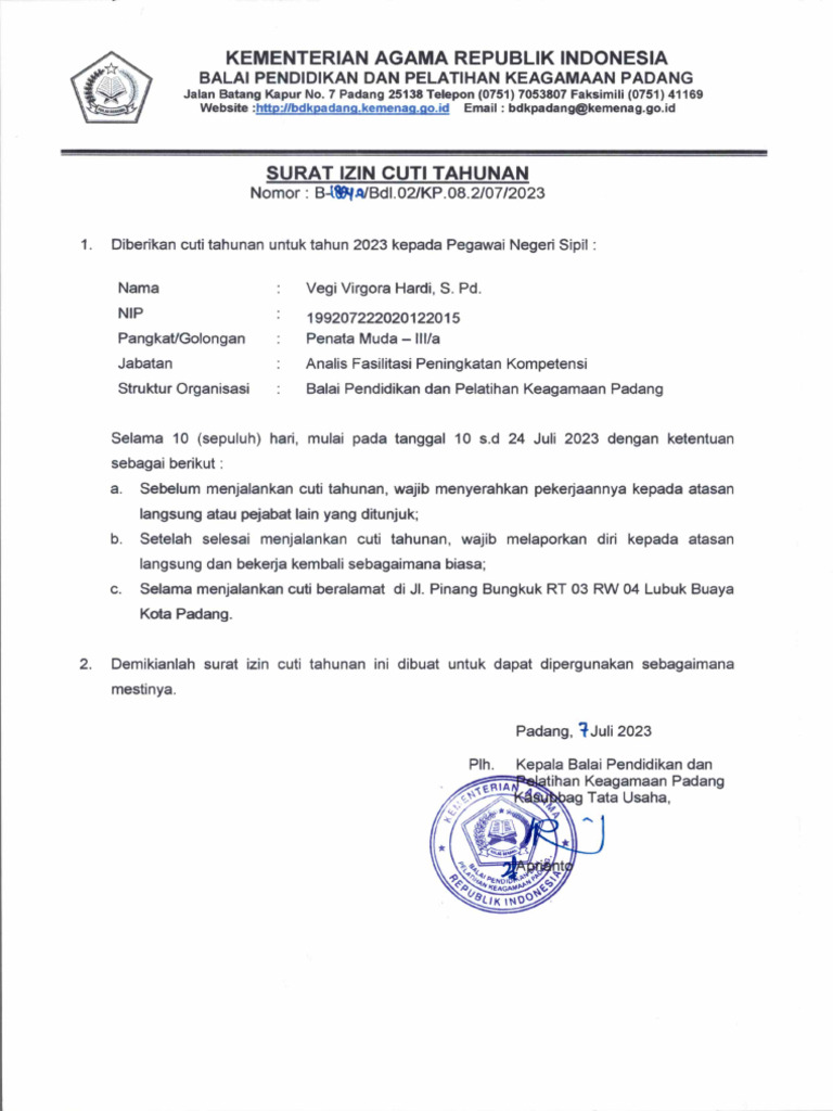 Contoh Surat Izin Cuti Tahunan PNS | PDF