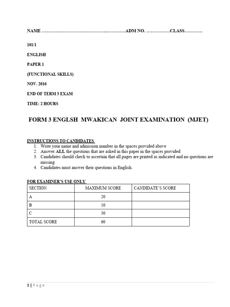 Form 3 English Exam Paper 1 2016 | PDF | Poetry