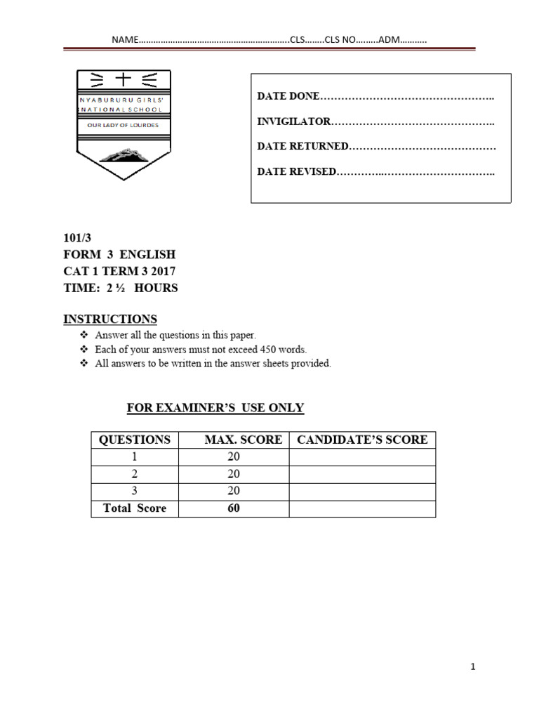 Ex20242901001-English Form 3 Term 3 Exams | PDF