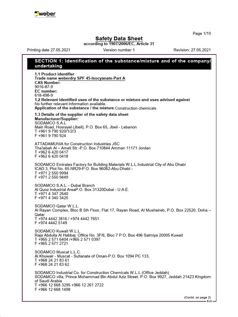 Safety Data Sheet: Weberdry SPF 45 | PDF | Toxicity | Dangerous Goods