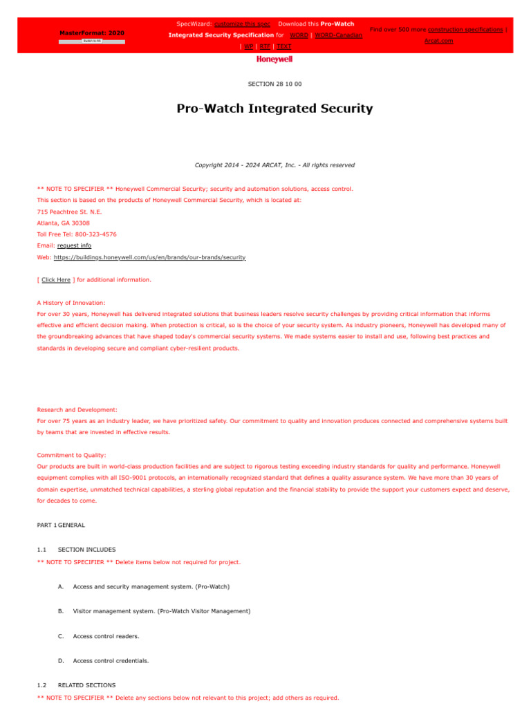 Honeywell Commercial Security Pro-Watch Integrated Security Specification | PDF | Databases ...