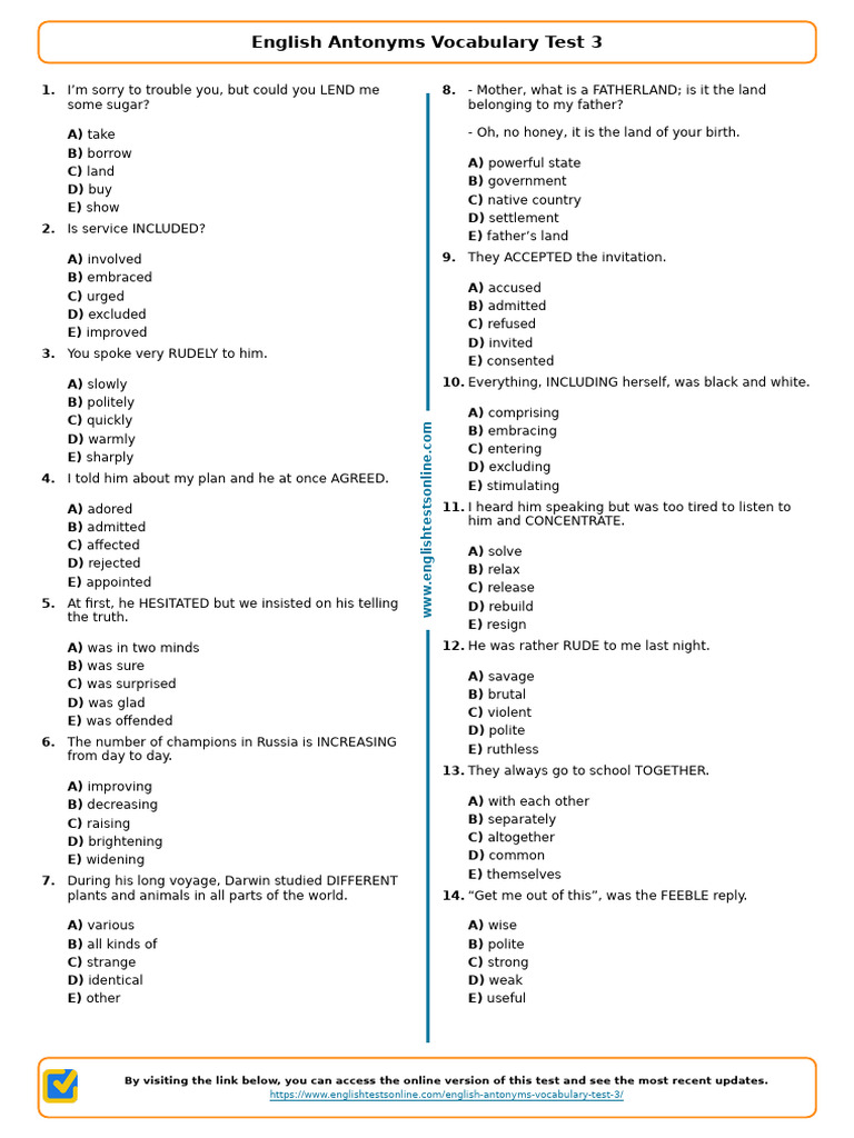 1666 - English Antonyms Vocabulary Test 3 | PDF