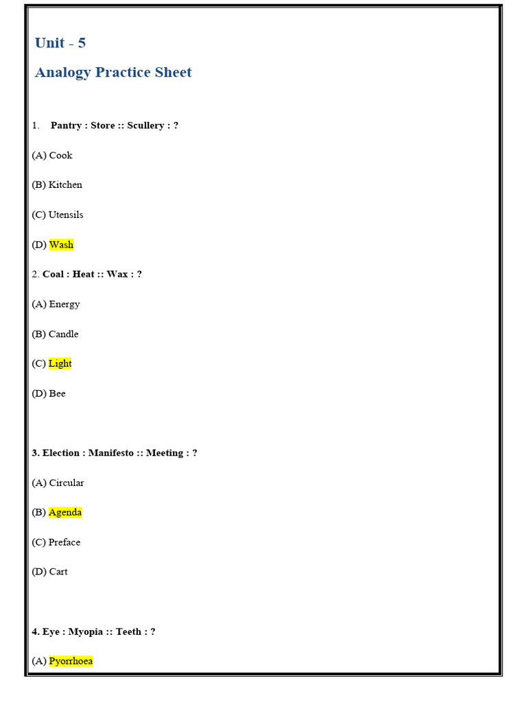 PEV114 Unit 5 Analogy Practice Content | PDF