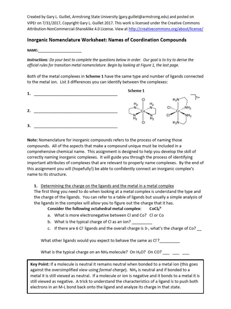 Nomenclature Worksheet v2 | PDF | Coordination Complex | Ion