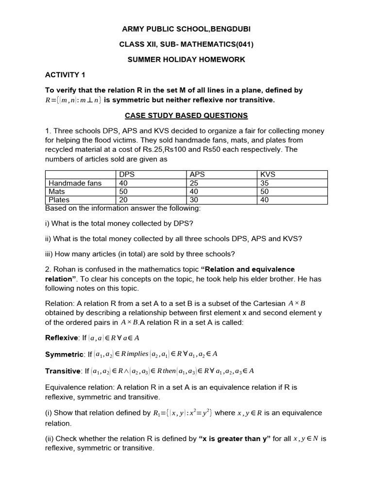 Class XII Math Holiday Tasks | PDF | Matrix (Mathematics) | Geometry