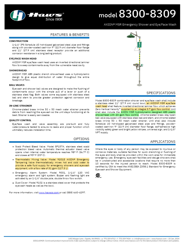 Haws Model 8300 8309 Specsheet PDF | PDF | Valve | Shower