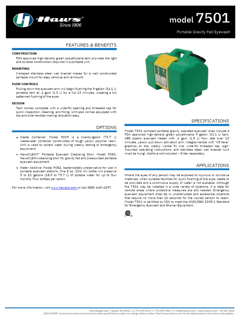 Haws Model 7501 Specsheet PDF | PDF | Purified Water | Materials