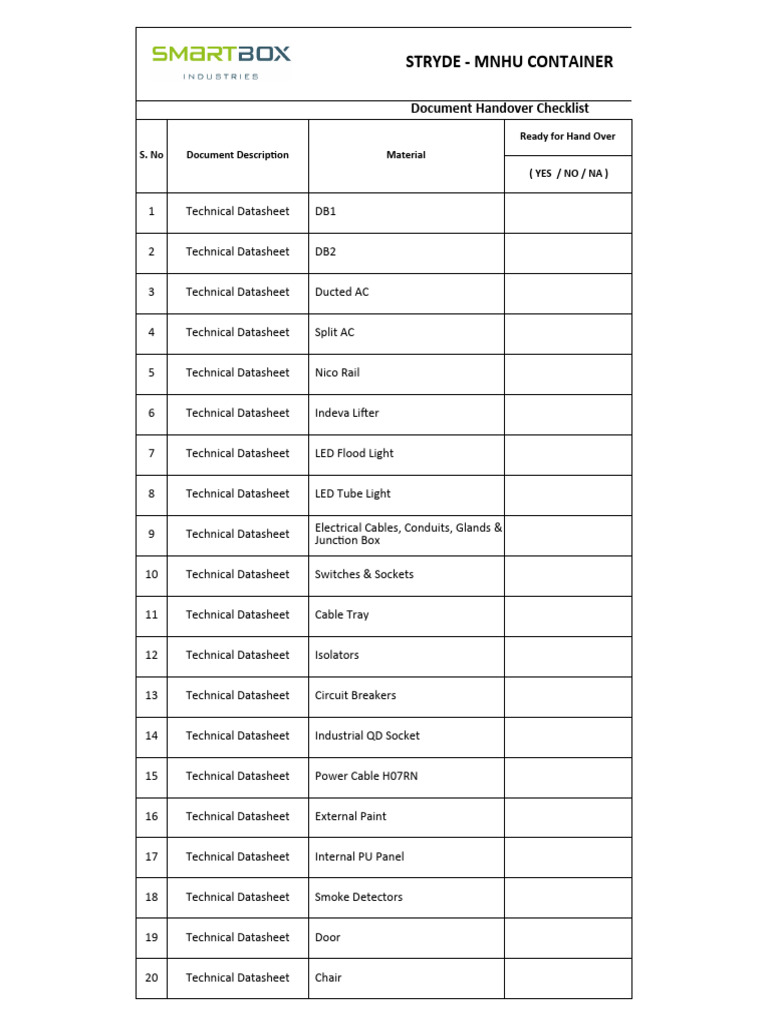 Stryde Handover Checklist | PDF | Electrical Wiring | Manufactured Goods
