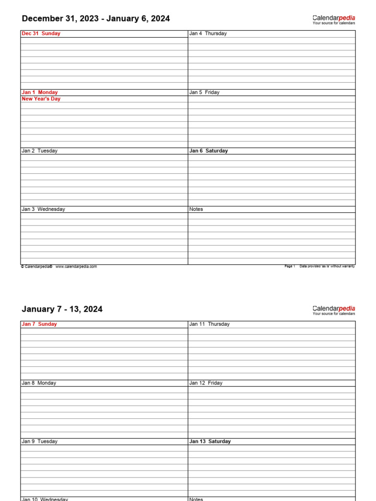 weekly-calendar-2024-landscape-2-columns | PDF | Observances | Holidays