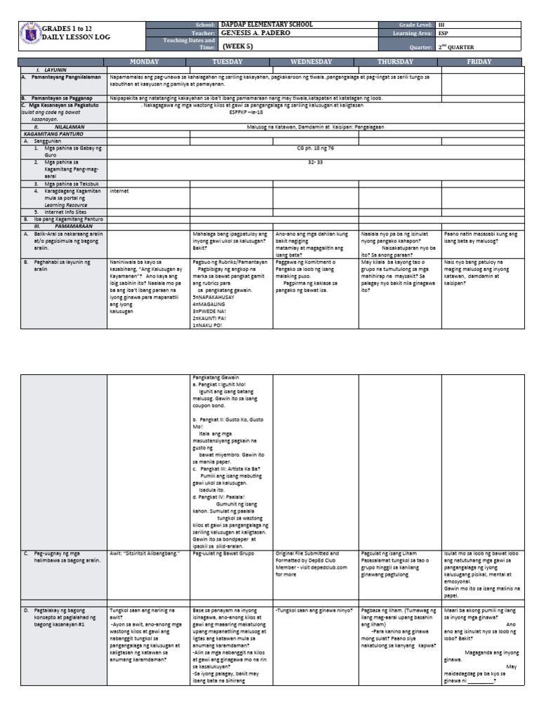 DLL - Esp 3 - Q1 - W5 | PDF