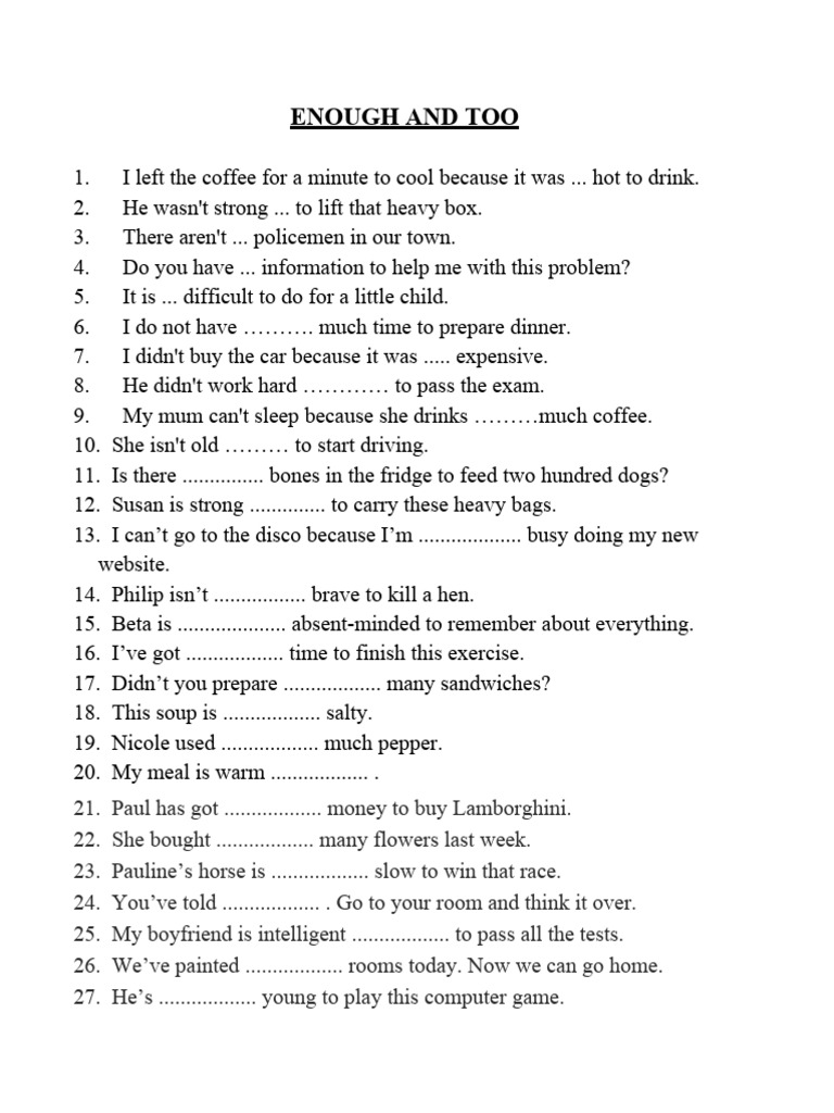 Adult - Enough and Too Worksheet | PDF