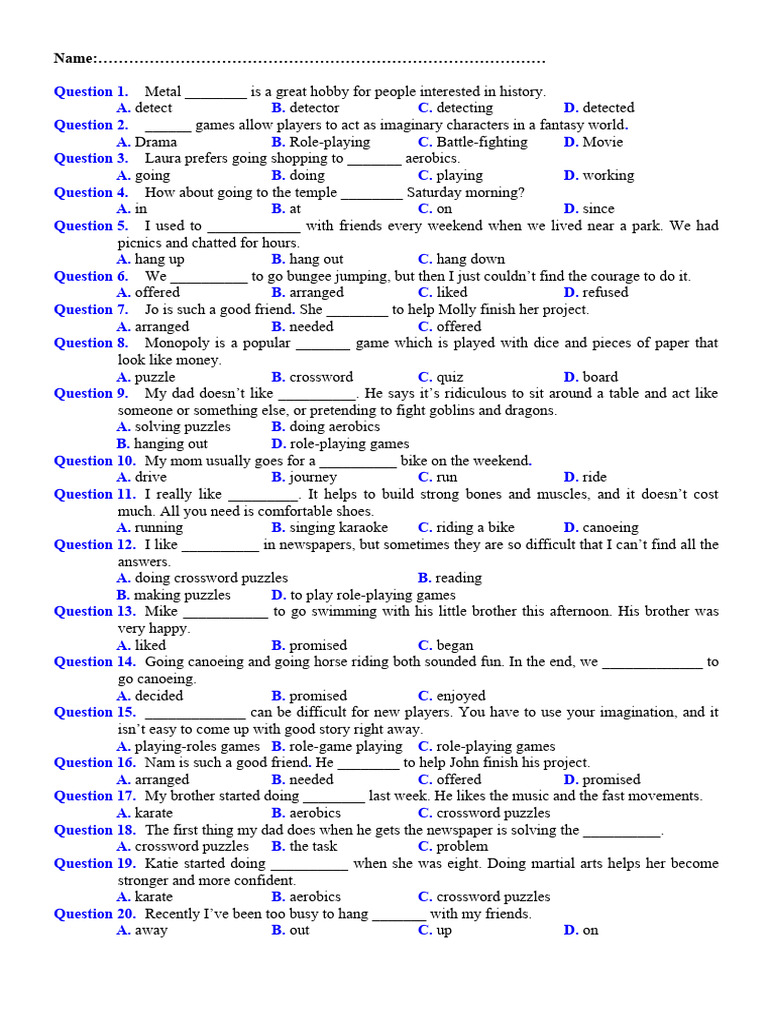 Fun English Quiz on Hobbies and Games | PDF