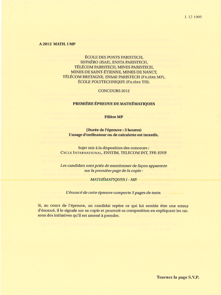 Concours Commun Mines-Ponts (CCMP) 2012 MP Mathématiques 1 e | PDF