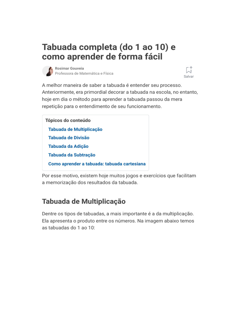 Tabuada Completa do 1 ao 10 | PDF | Multiplicação | Números