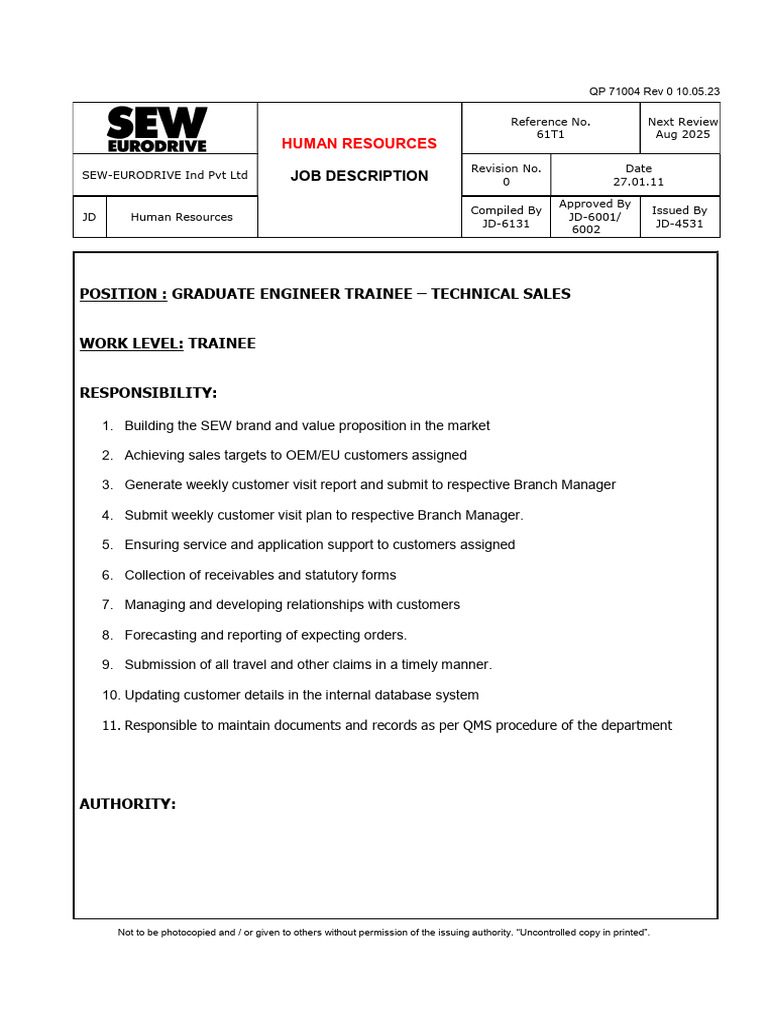 JD 61T1 Graduate Engineer Trainee - Technical Sales | PDF | Business