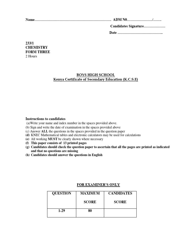 KCSE Form 3 Chemistry Exam Paper | PDF | Gases | Acid