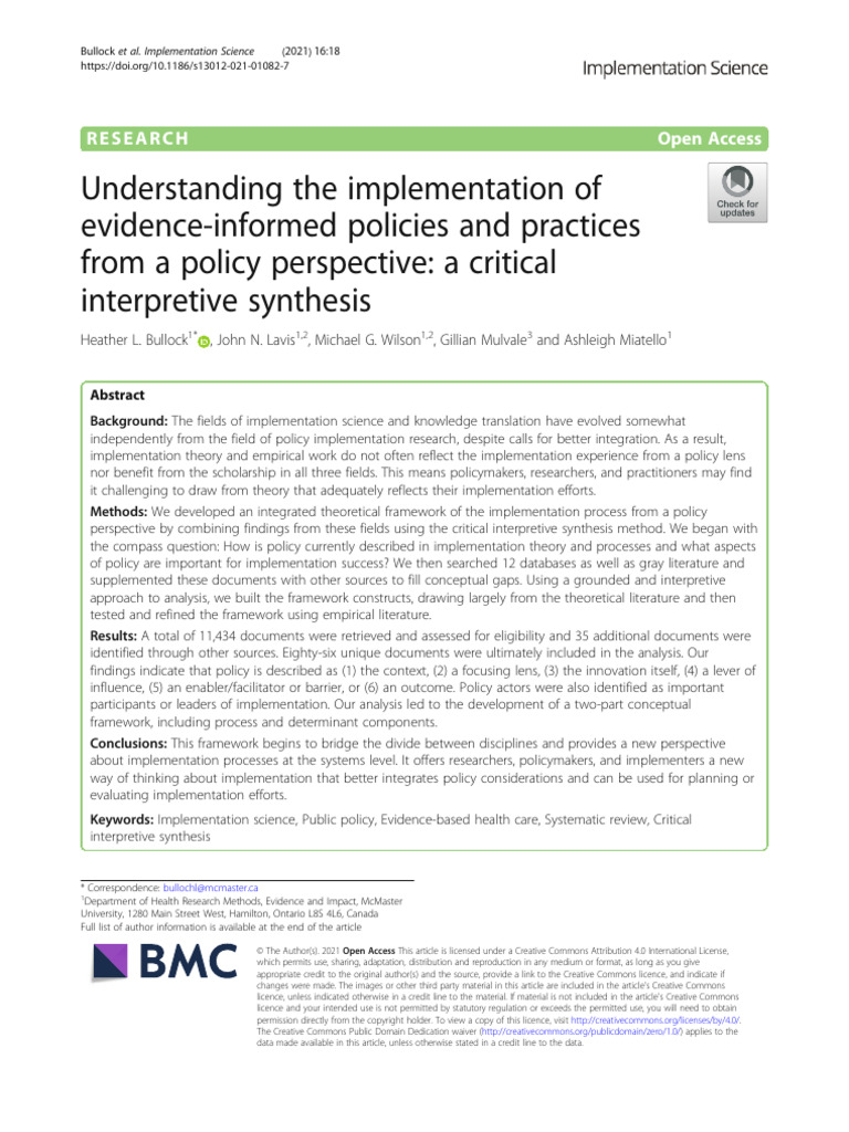 Understanding The Implementation of Evidence-Informed Policies and ...
