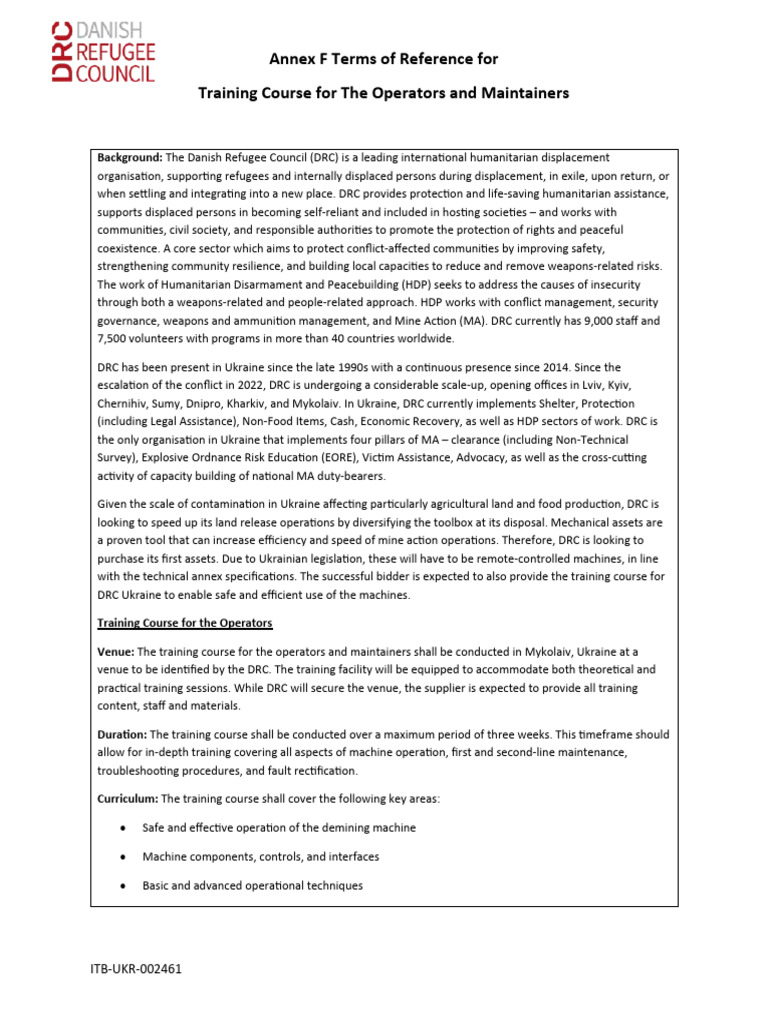 Annex F Terms of Reference (ToR) For Training of Operators | PDF