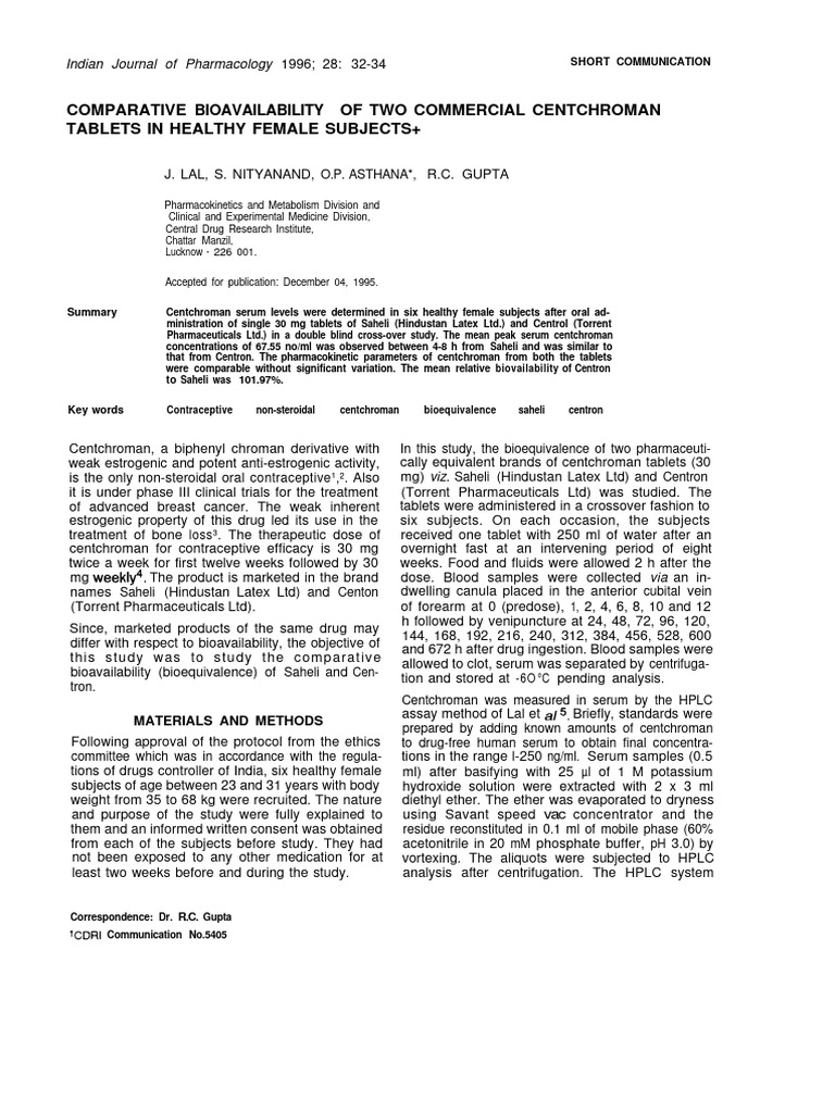 Lal - Nityanad - 1996 - Comparative Bioavailability of 2 Centchroman ...