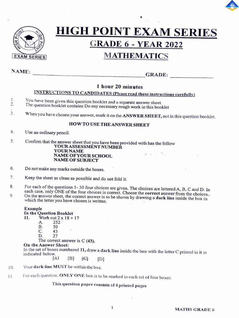 Grade 6 KPSEA Replica High Point Mathematics | PDF | Mathematics