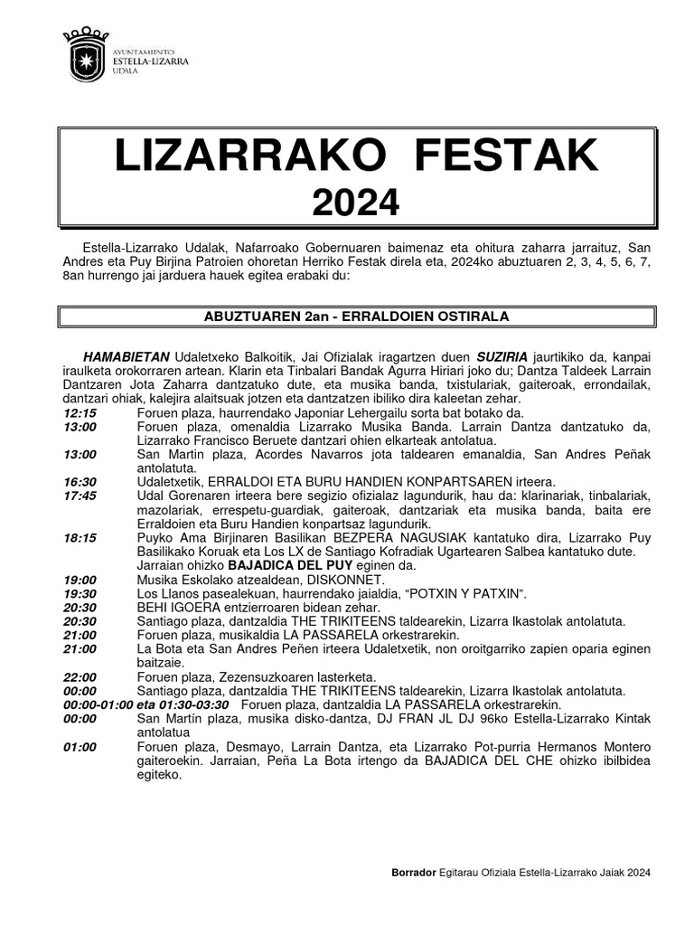 Lizarrako Festak EGITARAUA 2024 Definitivo | PDF