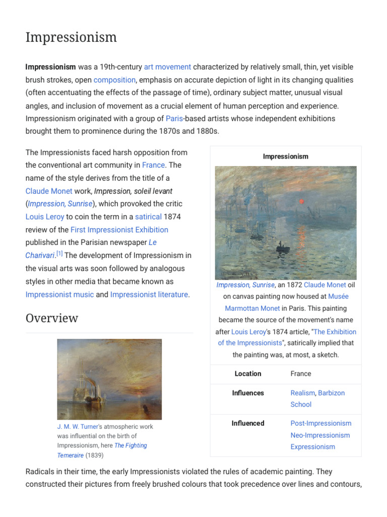 Impressionism - Wikipedia | PDF | Impressionism | Claude Monet