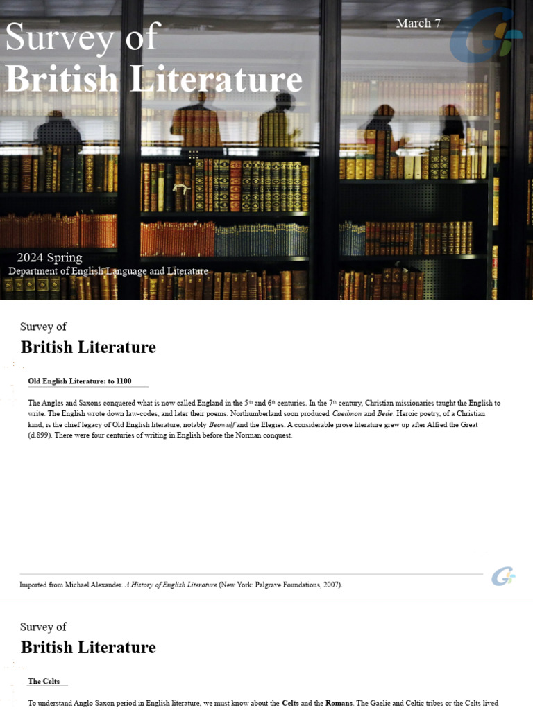 Survey of British Literature March 7 | PDF | Beowulf | Anglo Saxons