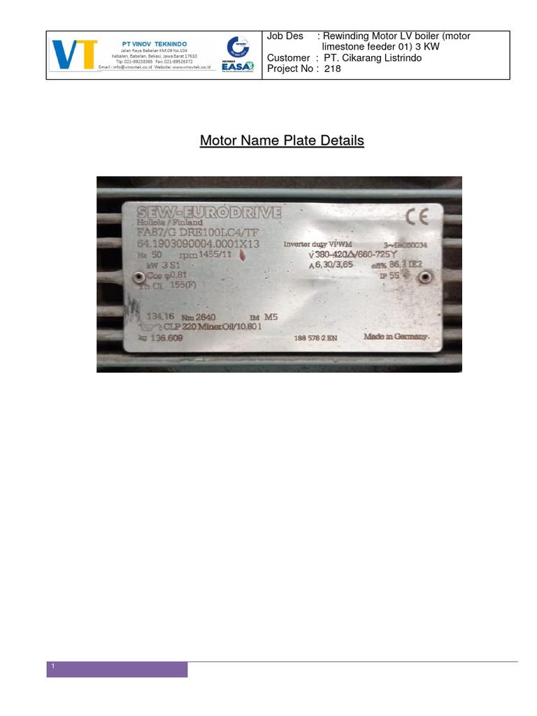 El Mot LV Boiler (Motor Limestone Feeder 1) 3 KW (201223) Job 218 | PDF ...