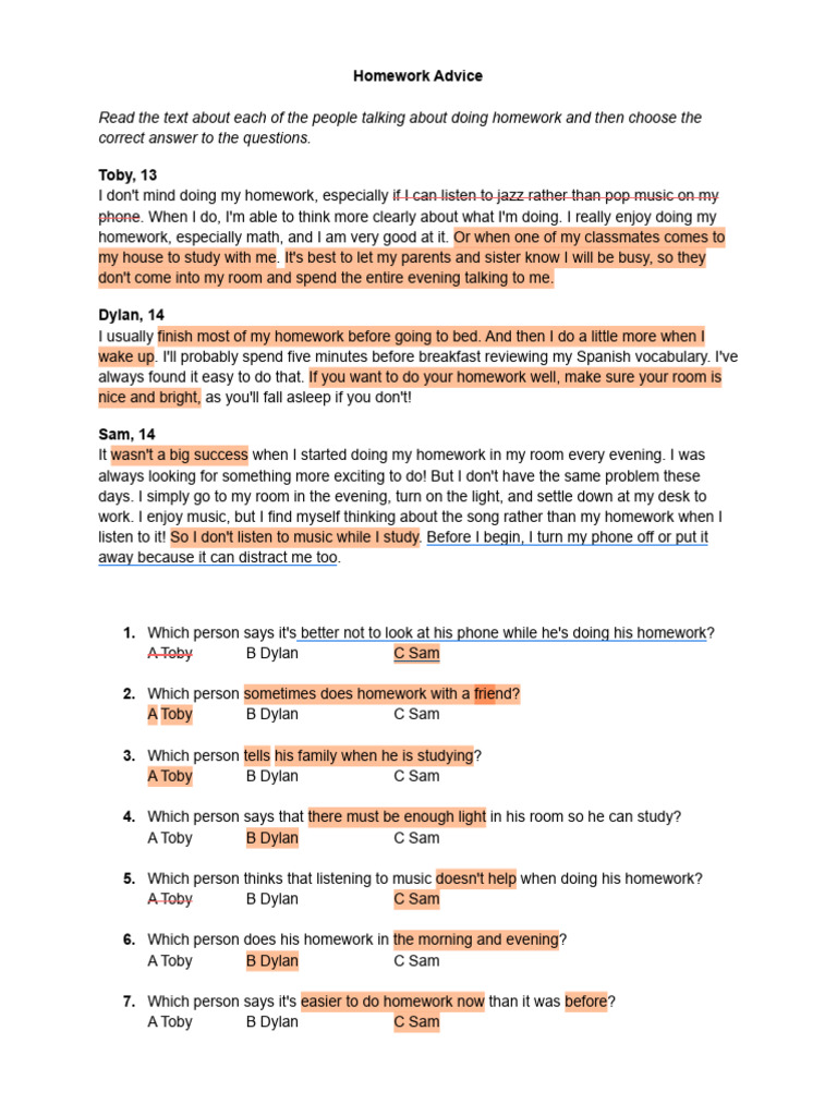 A2 Reading Part 2 - Homework Advice | PDF