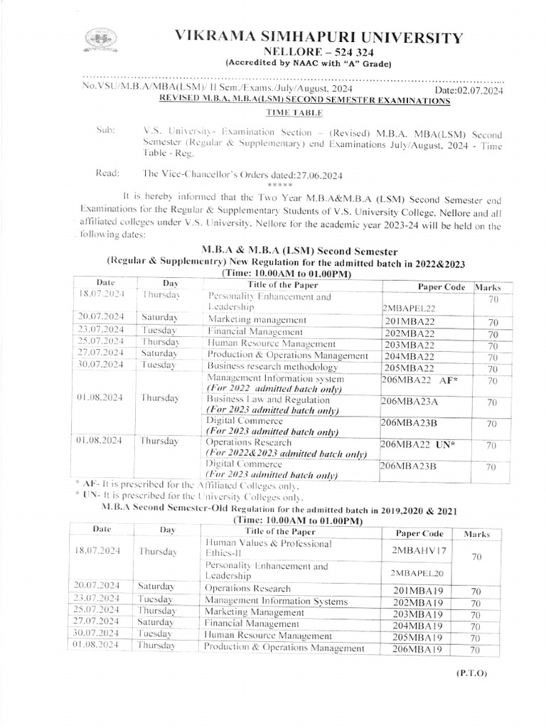 Revised Time Table MBA & MBA (LSM) Second Sem July&August 2024001 | PDF ...