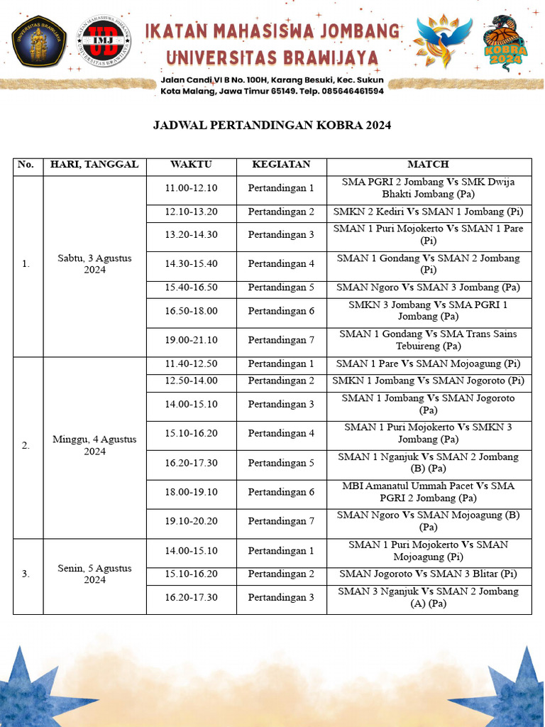 JADWAL PERTANDINGAN KOBRA 2024 FIX [1] | PDF